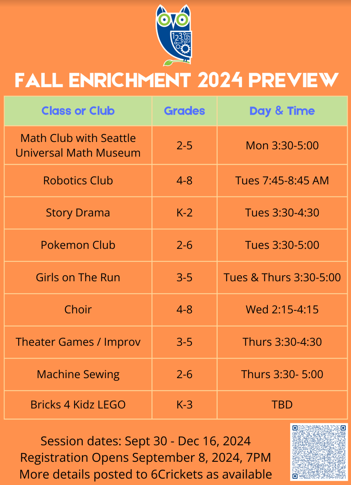 Registration for Fall Enrichment Classes opens Sunday, Sep. 8 at 7pm ...